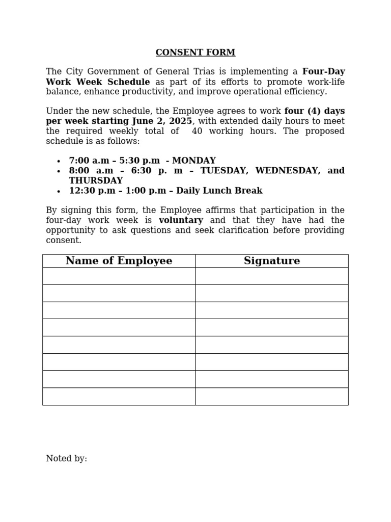 CONSENT FORM 4 Day Work Week 2 | PDF