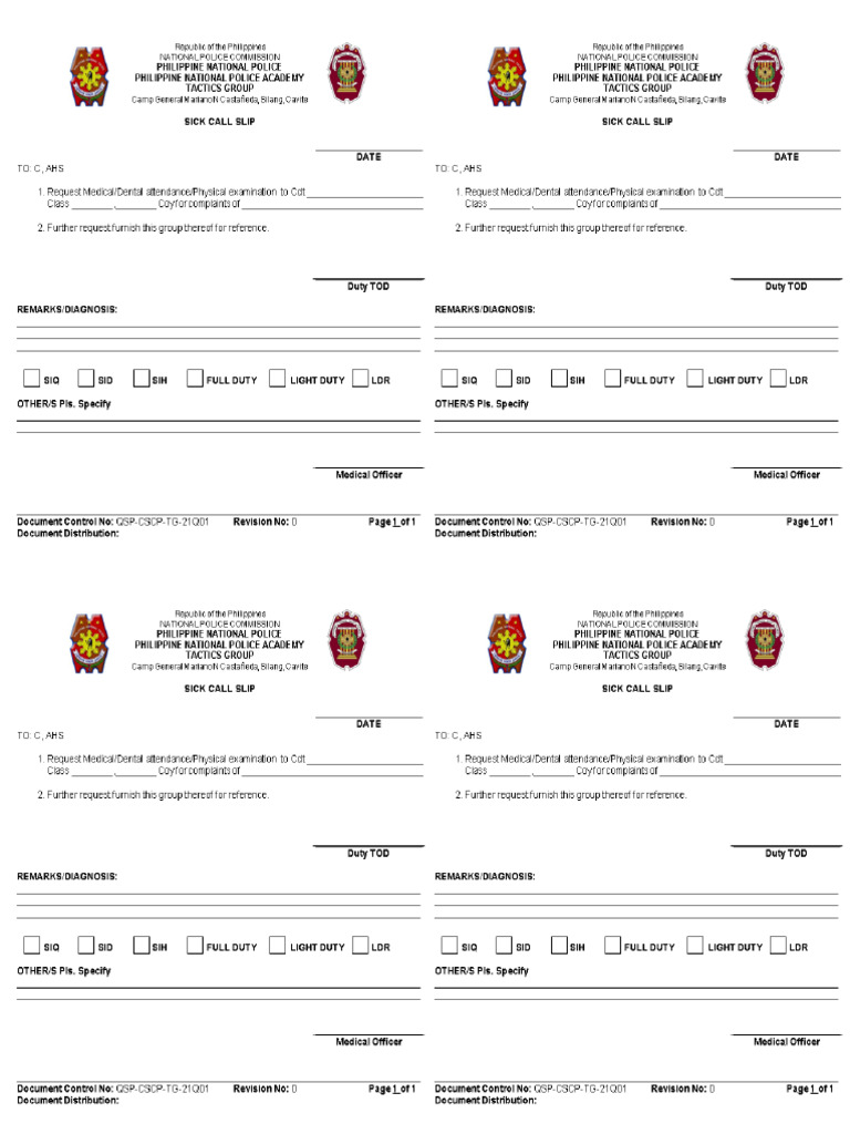 Sick Call Slip Form Updated December 10 2024 | PDF