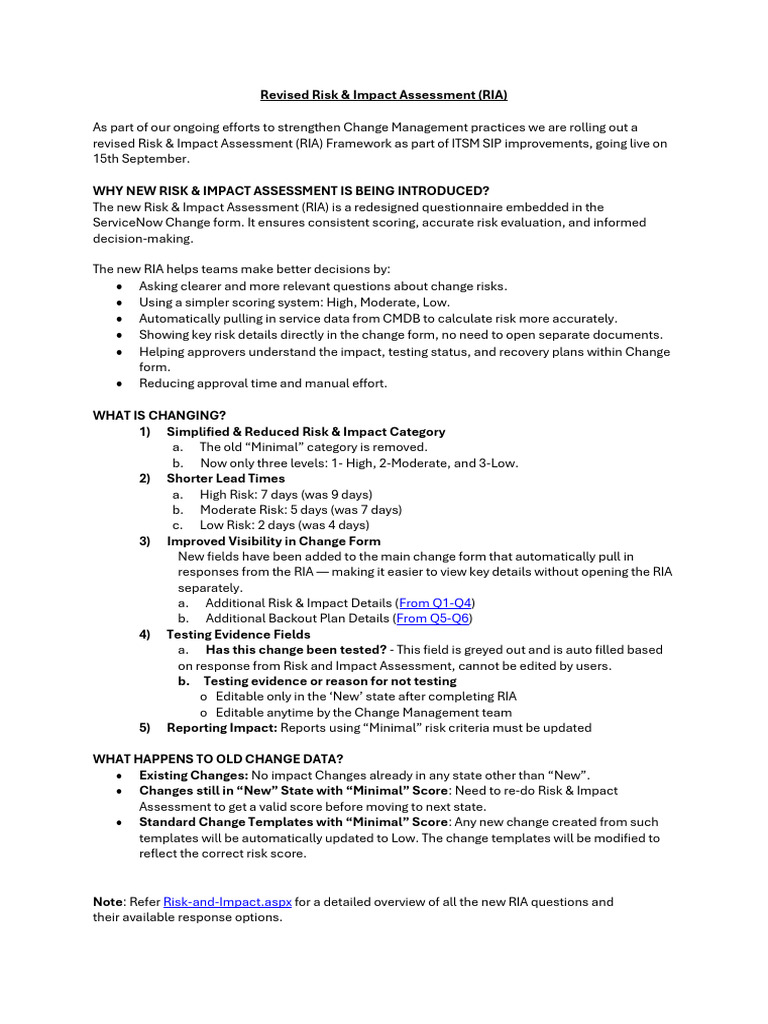 Revised Risk and Impact Assessment (RIA) - Go Live On 15th September ...