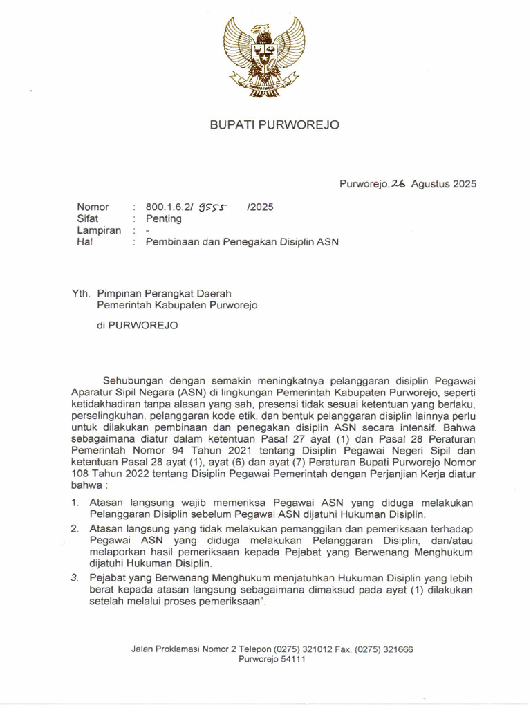 Surat Bupati Purworejo Pembinaan Dan Penegakan Disiplin Asn Cap | PDF