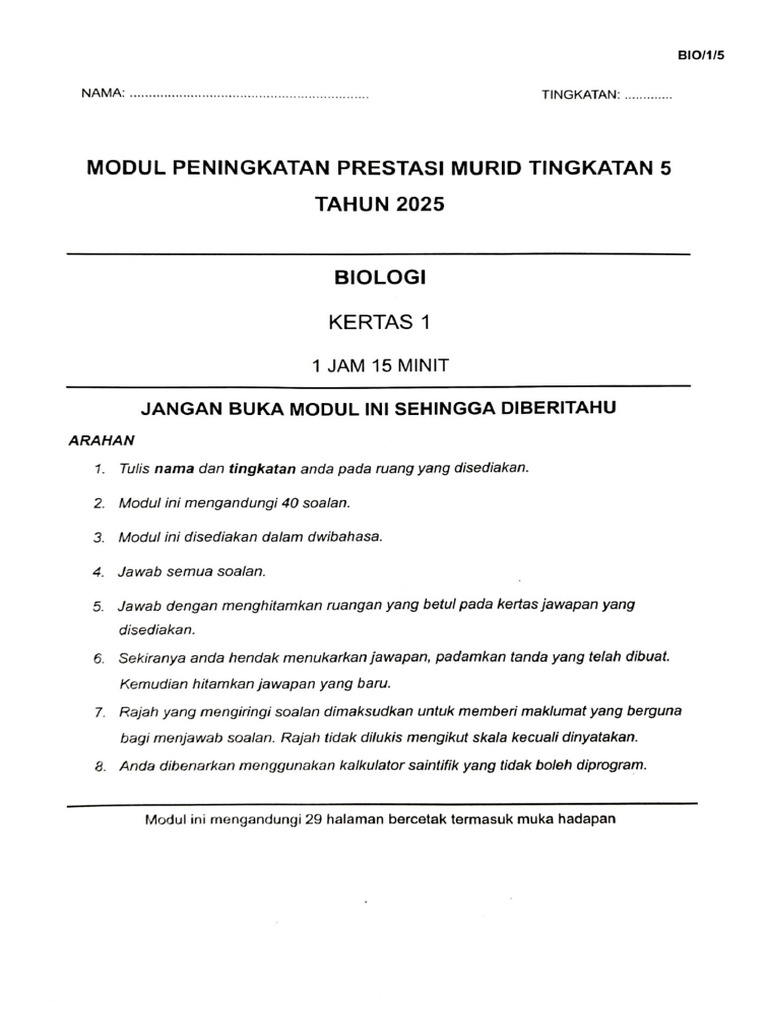 KEDAH 2025_BIO1 | PDF