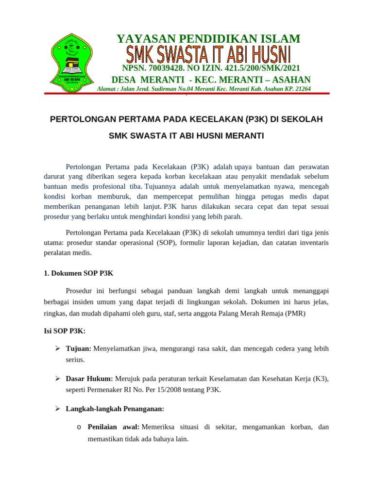 Prosedur P3K di Sekolah SMK Meranti | PDF