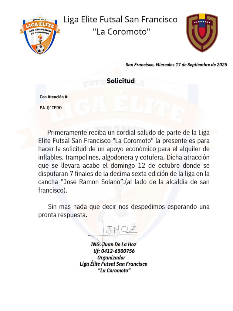 Carta de Solicitud Liga Elite | PDF | Asociación de Futbol | Reglas y ...