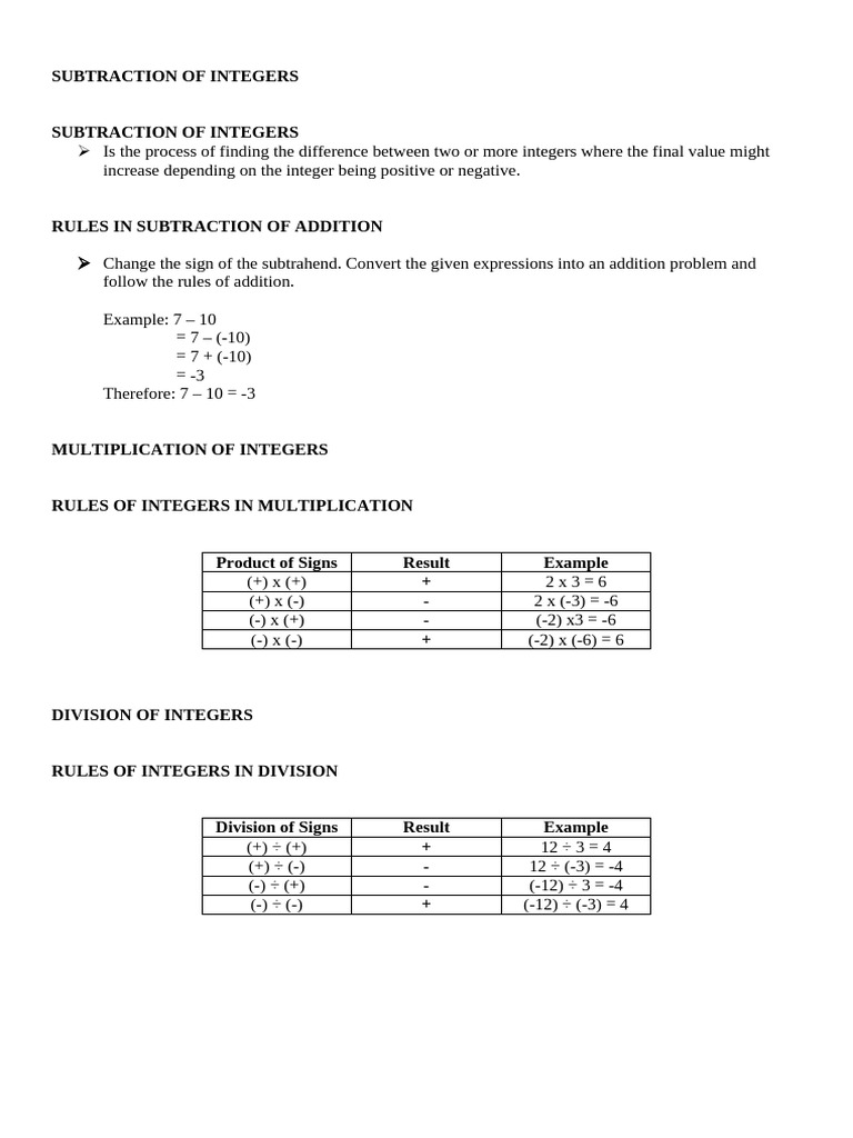 Integer Operations: Subtraction, Multiplication, Division | PDF