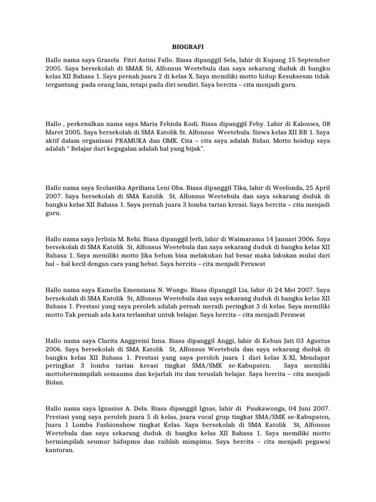 Biografi Siswa SMAK St. Alfonsus Weetebula | PDF