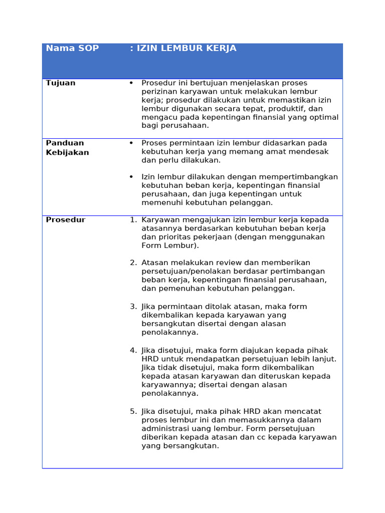Prosedur Izin Lembur Karyawan | PDF