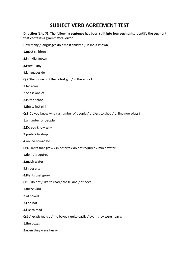 SUBJECT VERB AGREEMENT Test | PDF | Subject (Grammar) | Economics