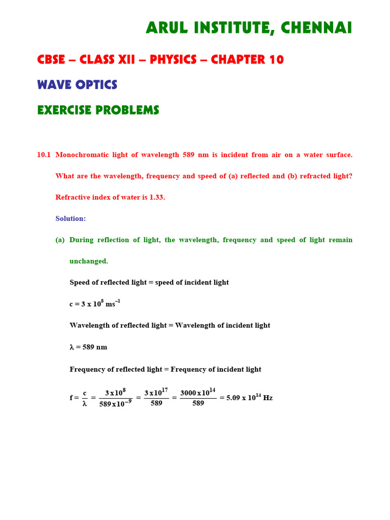 Physics Chapter10 - Exercise Problems | PDF | Light | Wavelength