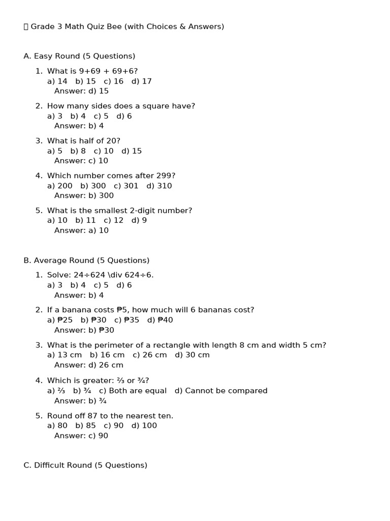 Grade 3 Math Quiz Bee Questions | PDF | Numbers | Odds