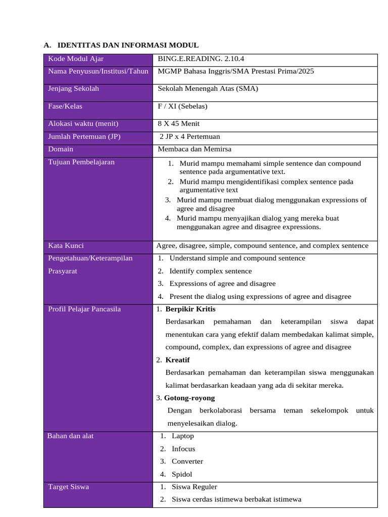 Modul Pembelajaran Kalimat dalam Bahasa Inggris | PDF