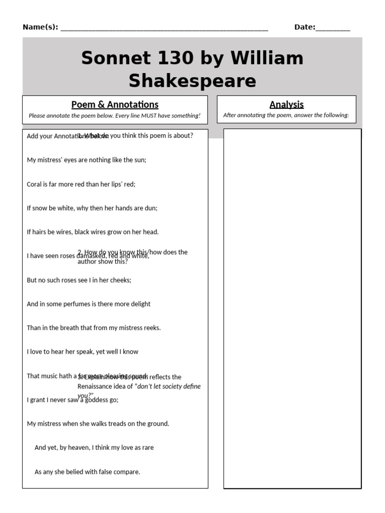 Sonnet 130 by William Shakespeare: Poem & Annotations Analysis | PDF