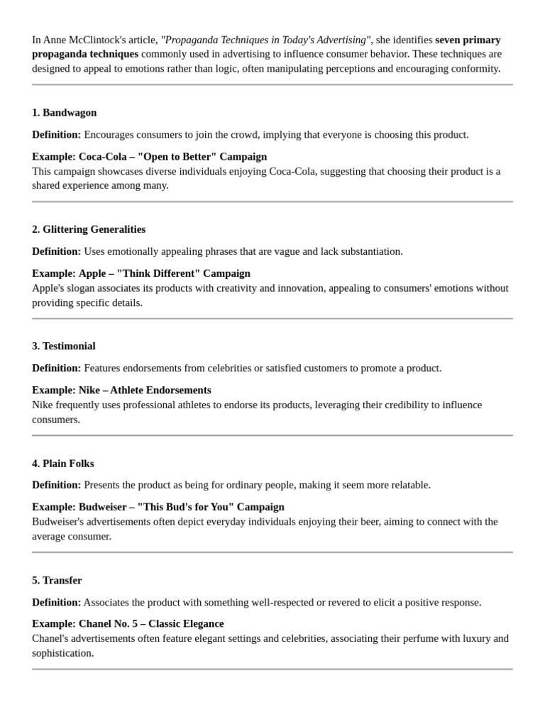 Rhetorical Analysis - Propaganda Techniques in Advertising | PDF