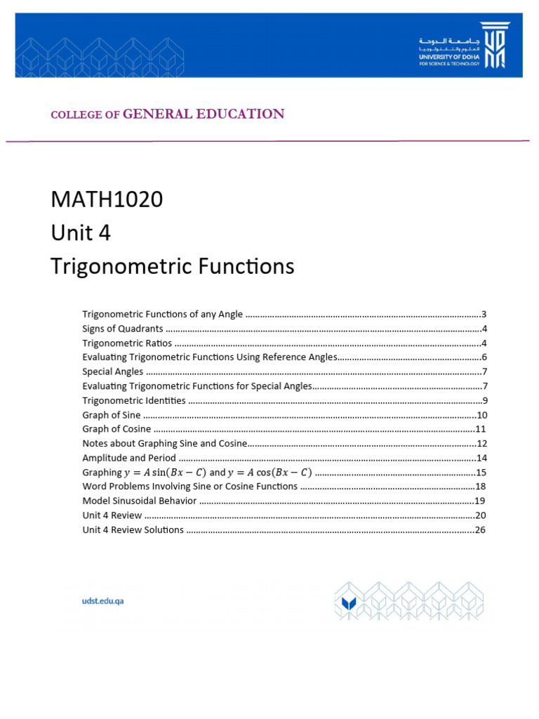 Math 1020 Unit 4 Notes Solutions | PDF | Trigonometric Functions ...