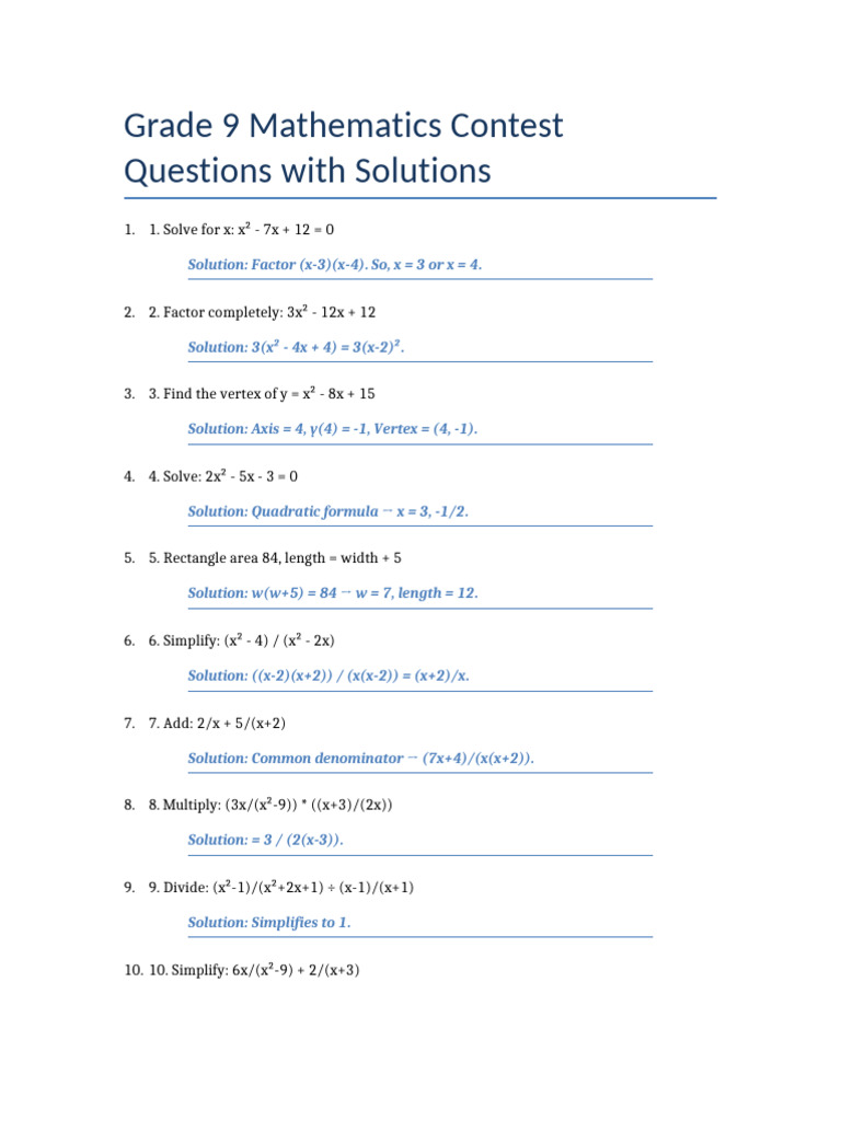 Grade9 Math Contest With Solutions | PDF