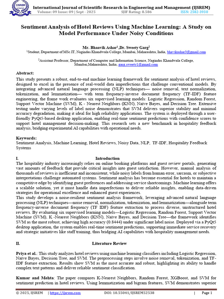 Sentiment Analysis of Hotel Reviews Using Machine Learning A Study On ...