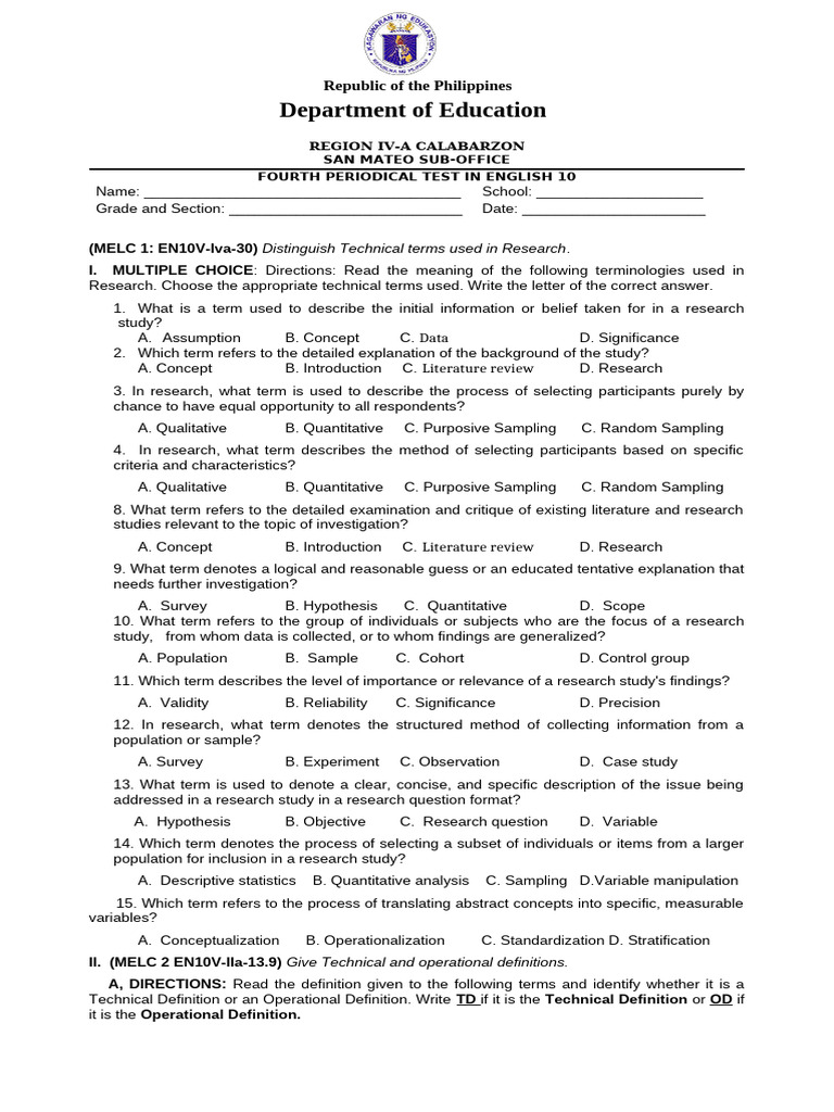 Periodic Test GRADE 10 4th QUARTER Long Test Natin | PDF | Statistics ...