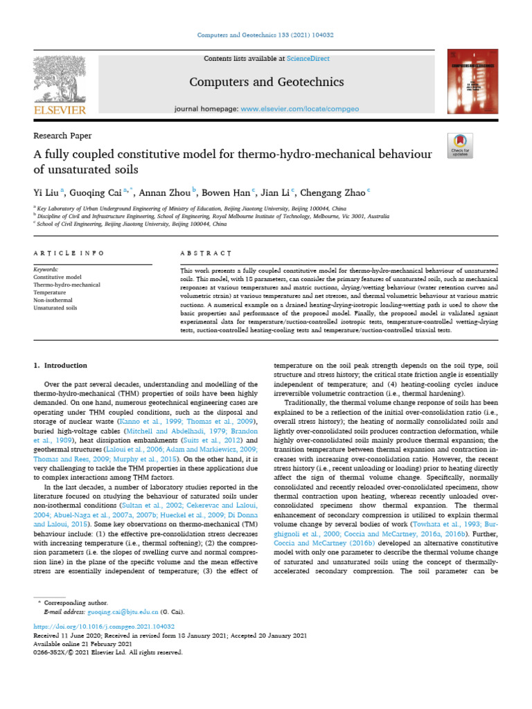 A Fully Coupled Constitutive Model For Thermo-Hydro-Mechanical Behaviour of Unsaturated Soils ...