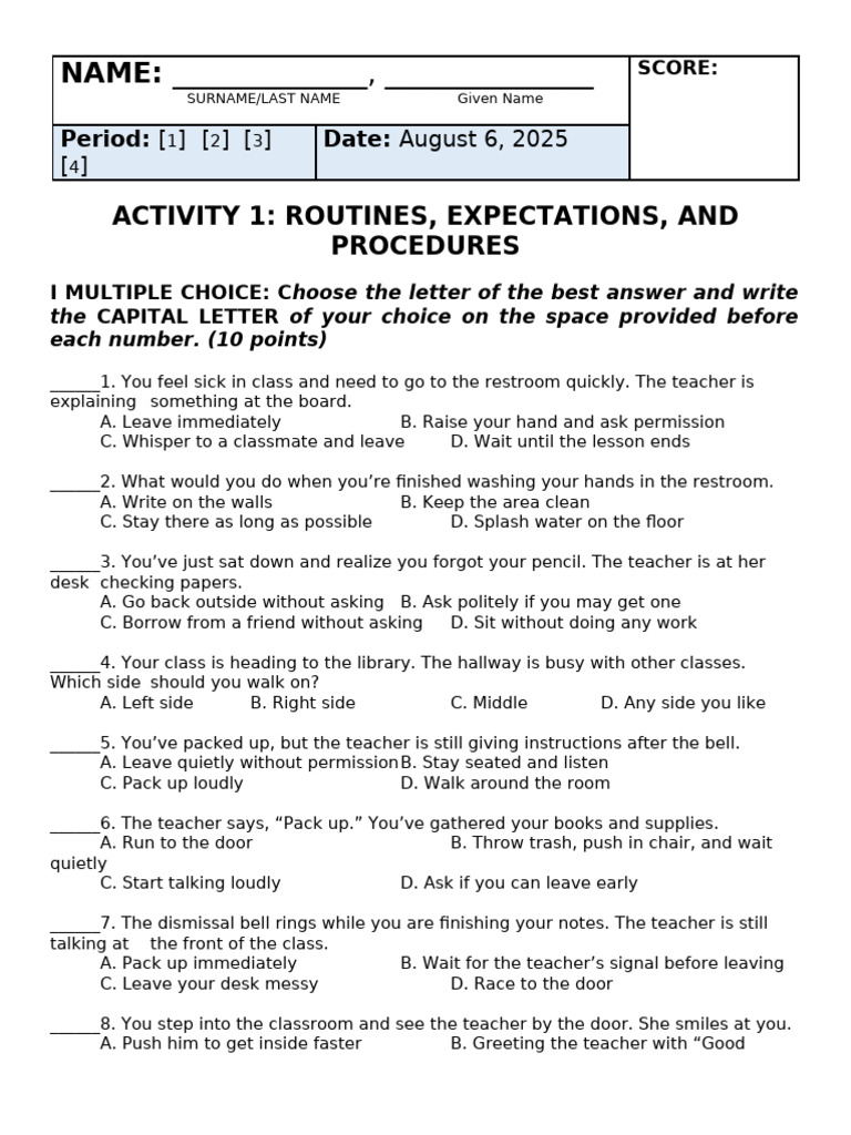Science 6 Activity 1 Routines, Expectations, and Procedures | PDF ...