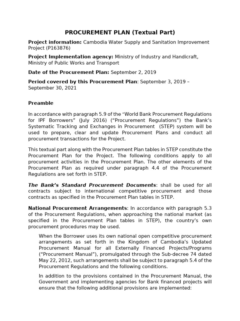 PROCUREMENT PLAN (Textual Part) | PDF | Procurement | Banks