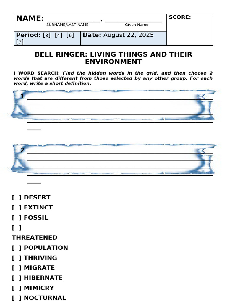 Science 6 Bell Ringer Living Things Vocabulary Word Search | PDF