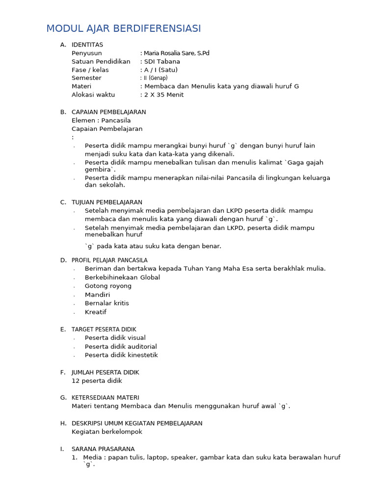 Modul Ajar Membaca Huruf G SDI Tabana | PDF