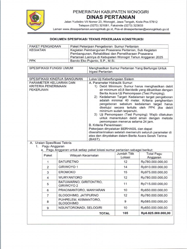 Format Spesifikasi Teknis Baru Pekerjaan Sumur Bor Pertanian | PDF