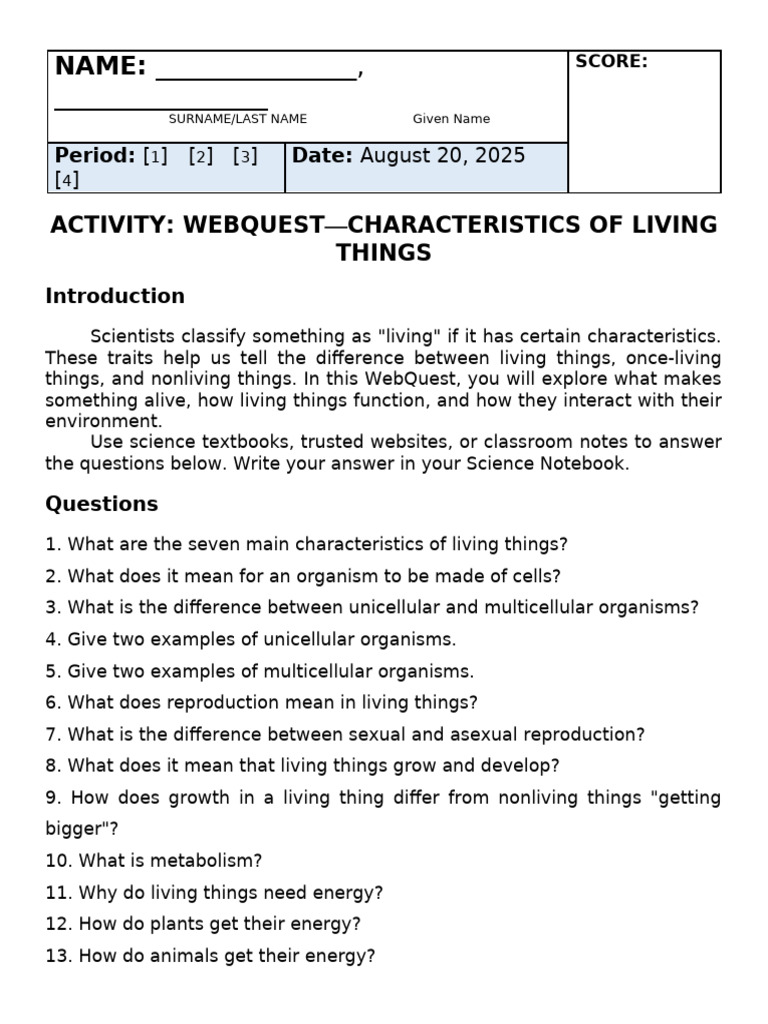 Science 6 Activity-WebQuest Characteristics of Living Things | PDF