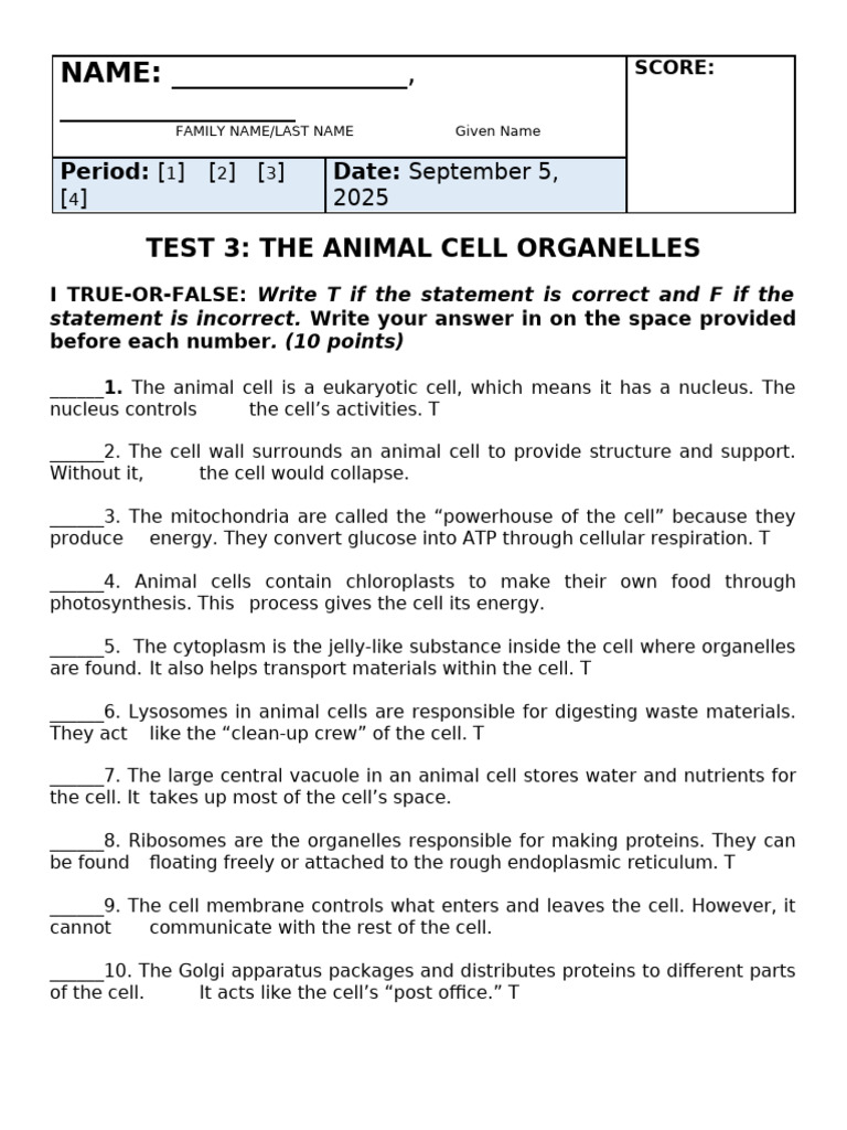 Science 6 Test 3 The Animal Cell Organelles | PDF | Cell (Biology ...
