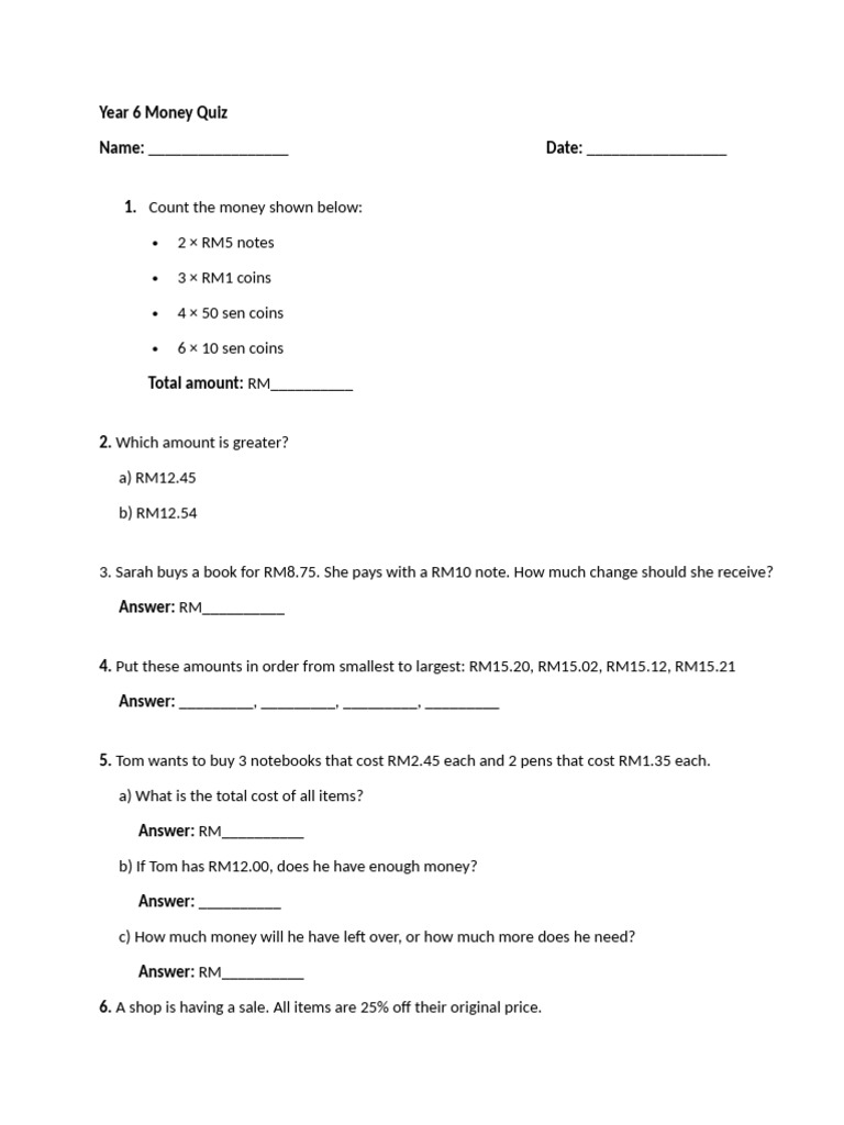 Year 6 Money Quiz and Answers | PDF | Chess Theory | Chess