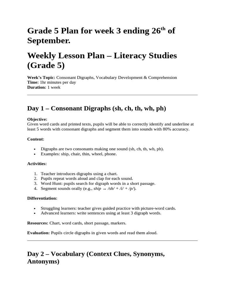 Grade 5 Weekly Literacy Lesson Plan | PDF | Smoking | Subtraction