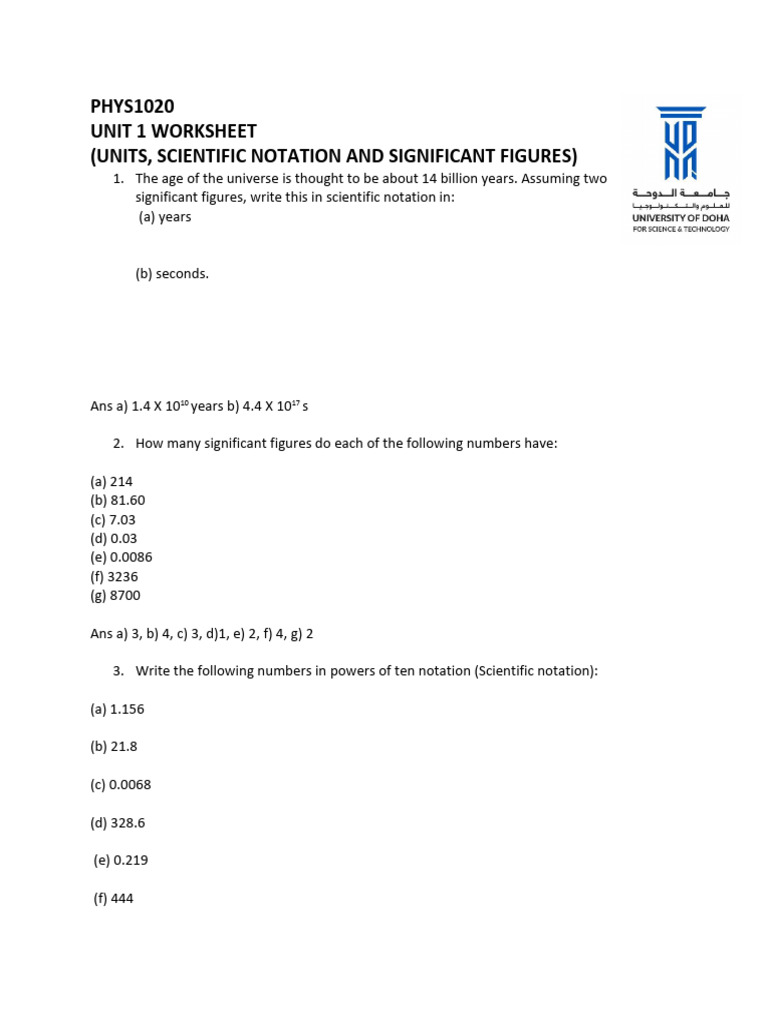 PHYS1020 Unit 1 Worksheet 1 Units Sig Figs Scientific Notation | PDF