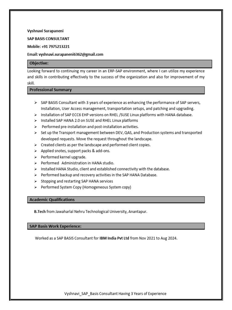 Vyshnavi Resume SAP BASIS | PDF | Databases | Information Technology