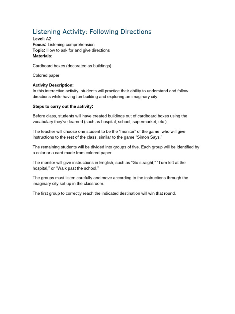 Listening Activity: Directions Game | PDF