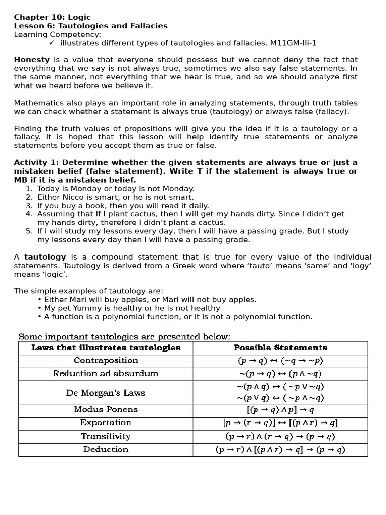 Chapter 10 Logic Lesson 6 | PDF | Logic | Mathematics