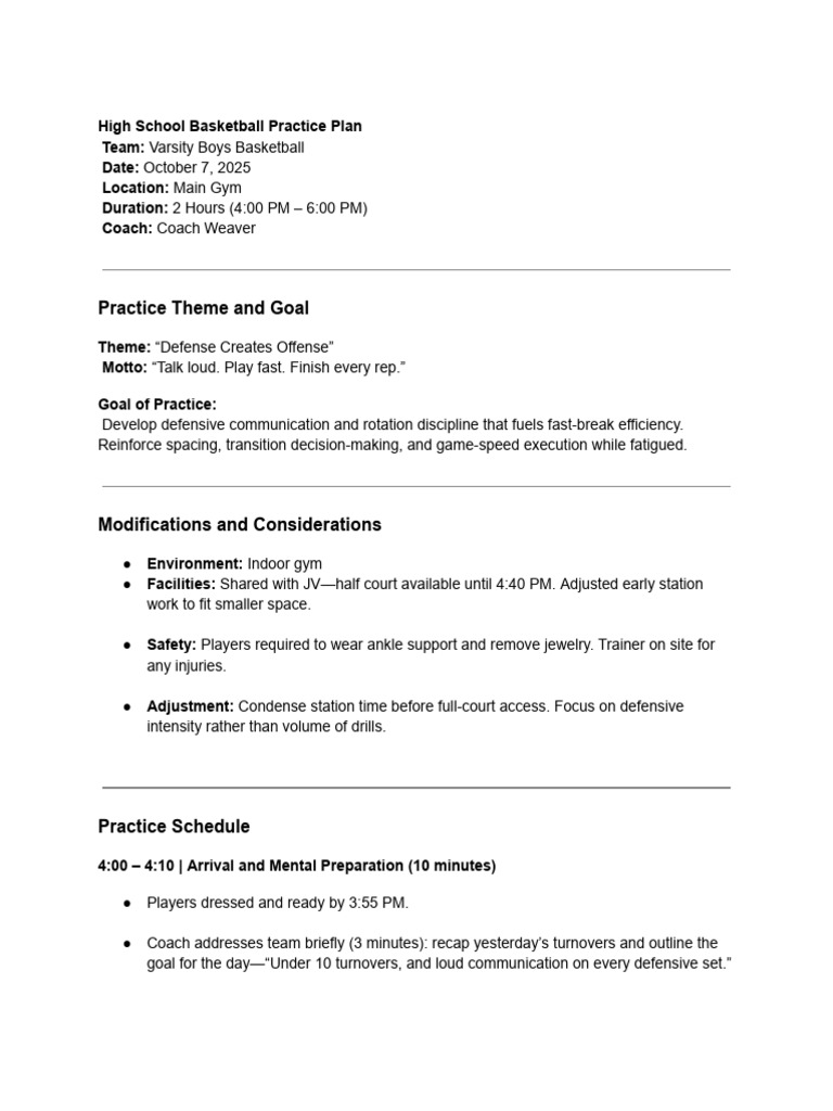 High School Basketball Practice Plan | PDF