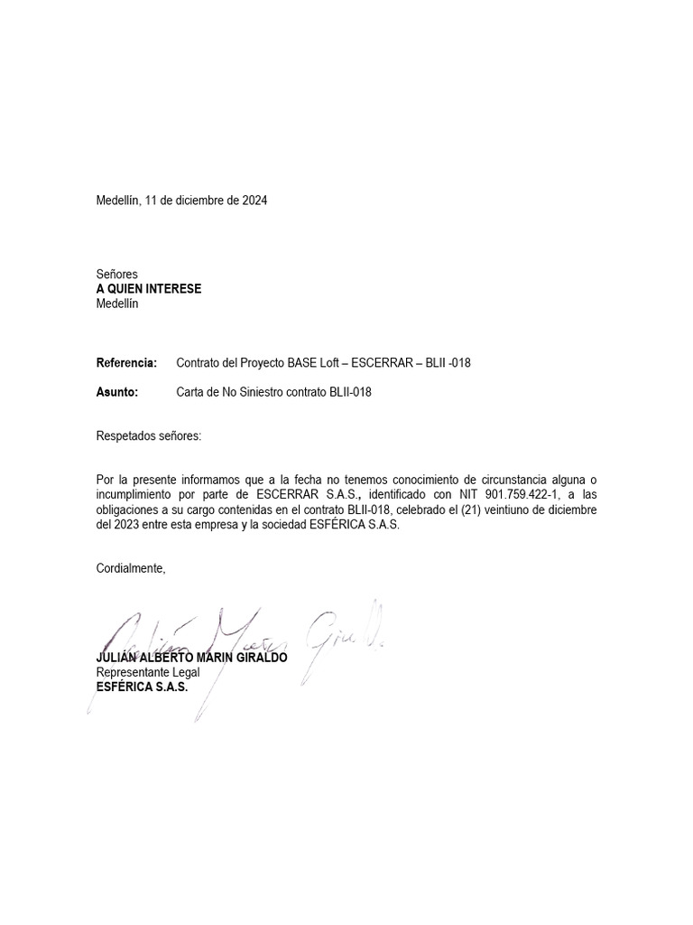 Carta de No Siniestro Contrato BLII-018 | PDF