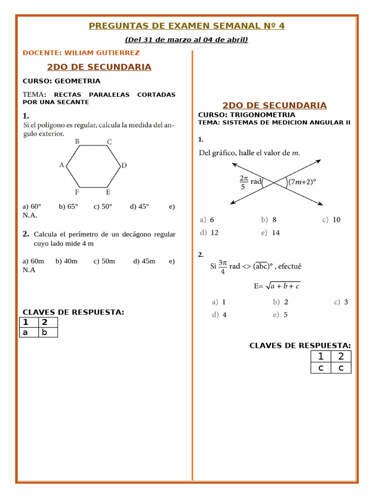 PREG. DE EXM. SEM 4 (2° Sec - Geometria y Trig.) | PDF