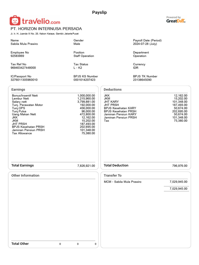 Payslip Report 2024-07-28 | PDF | Payments | Expense