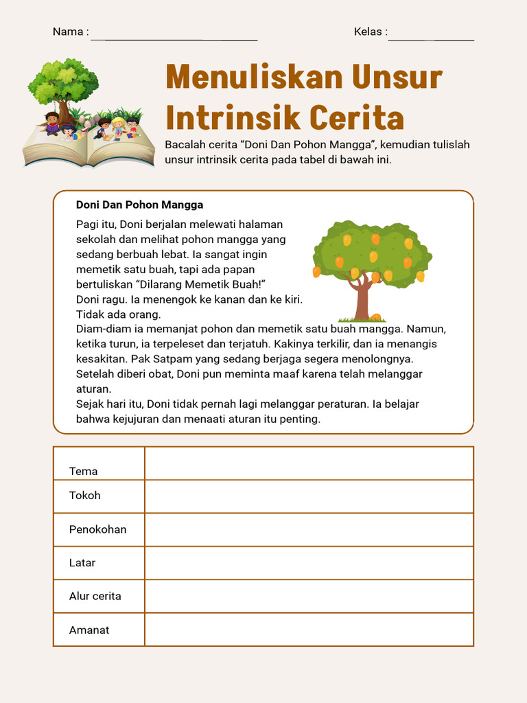 Menulis Unsur Intrinsik Cerita Lembar Kerja Coklat Ilustrasi | PDF