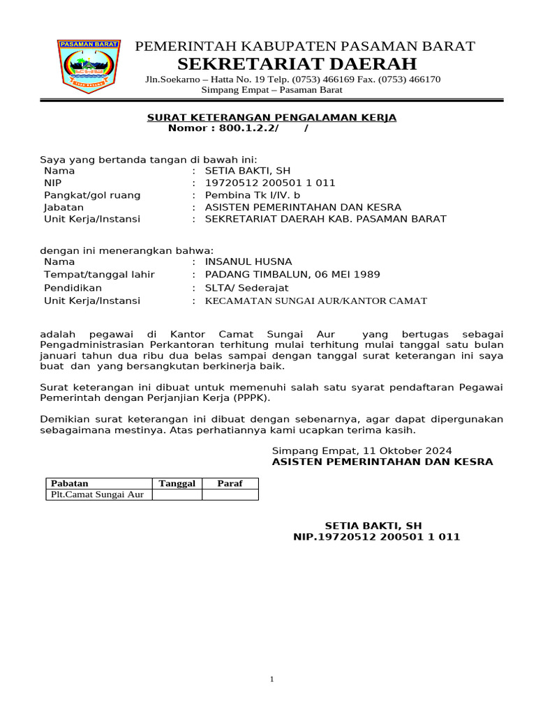 Contoh Surat Keterangan Pengalaman Kerja | PDF