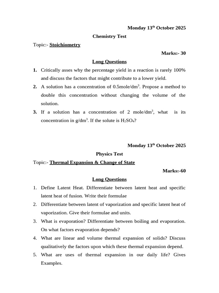 Monday 13th October 2025 Chemistry and Physics Test | PDF