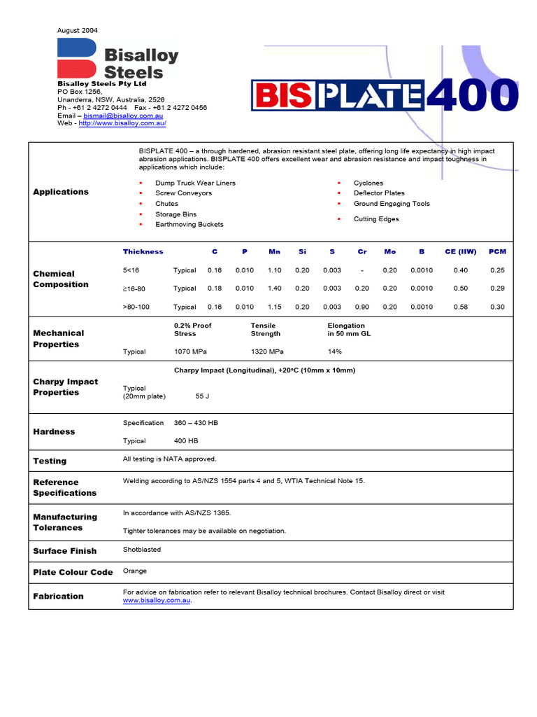 BISPLATE 400: Abrasion Resistant Steel | PDF | Wear | Physical Sciences