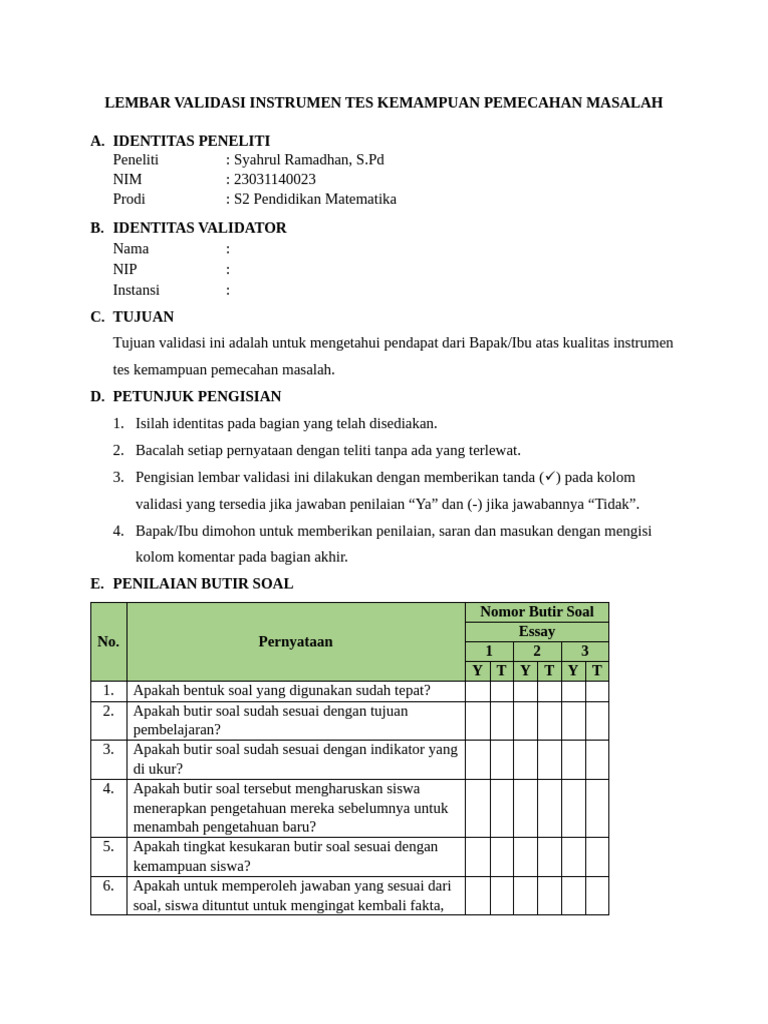 Validasi Instrumen Tes Pemecahan Masalah | PDF