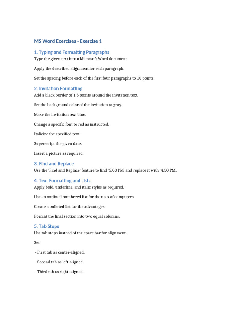 Microsoft Word Formatting Exercises | PDF