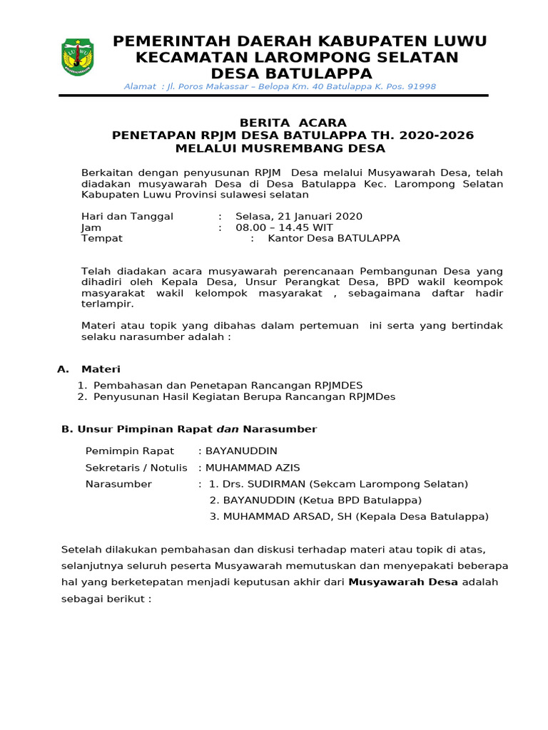 Penetapan RPJMDes Batulappa 2020-2026 | PDF