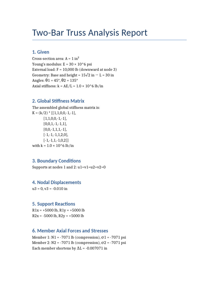 Two-Bar Truss Analysis Summary | PDF