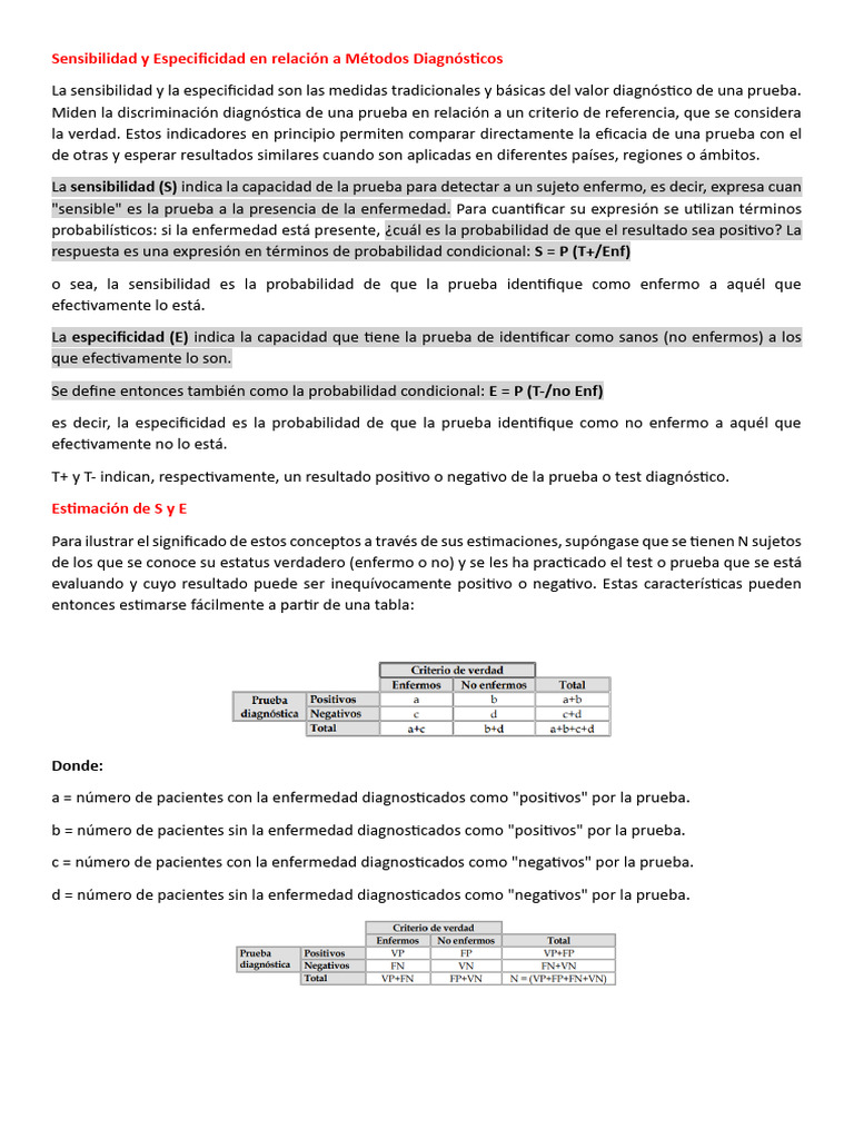 Sensibilidad y Especificidad en Relación A Métodos Diagnósticos | PDF ...