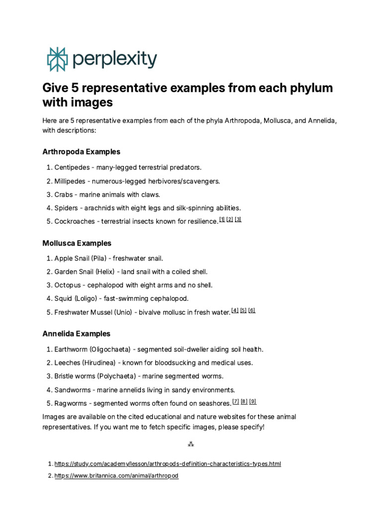 Give 5 Representative Examples From Each Phylum Wi | PDF