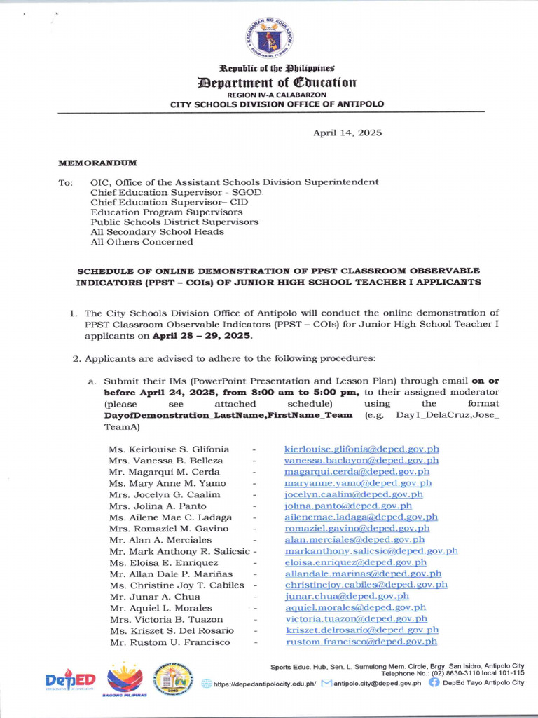 Um 271 Schedule of Online Demonstration of PPST Classroom Observable ...