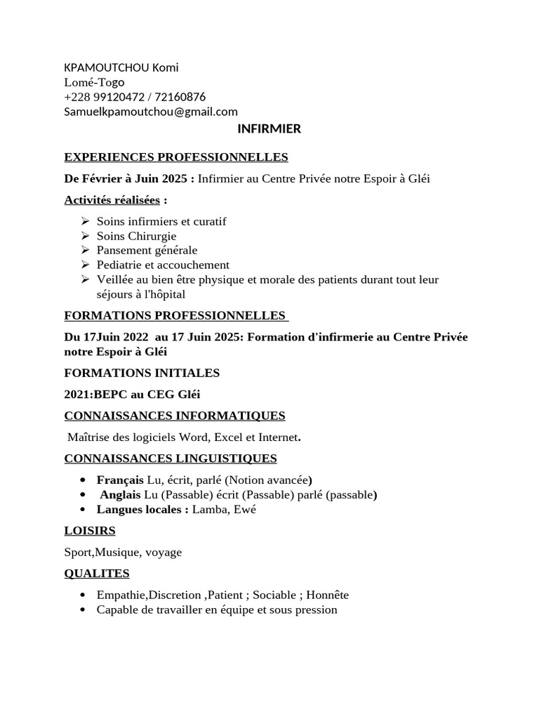 Infirmier expérimenté à Gléi, Togo | PDF
